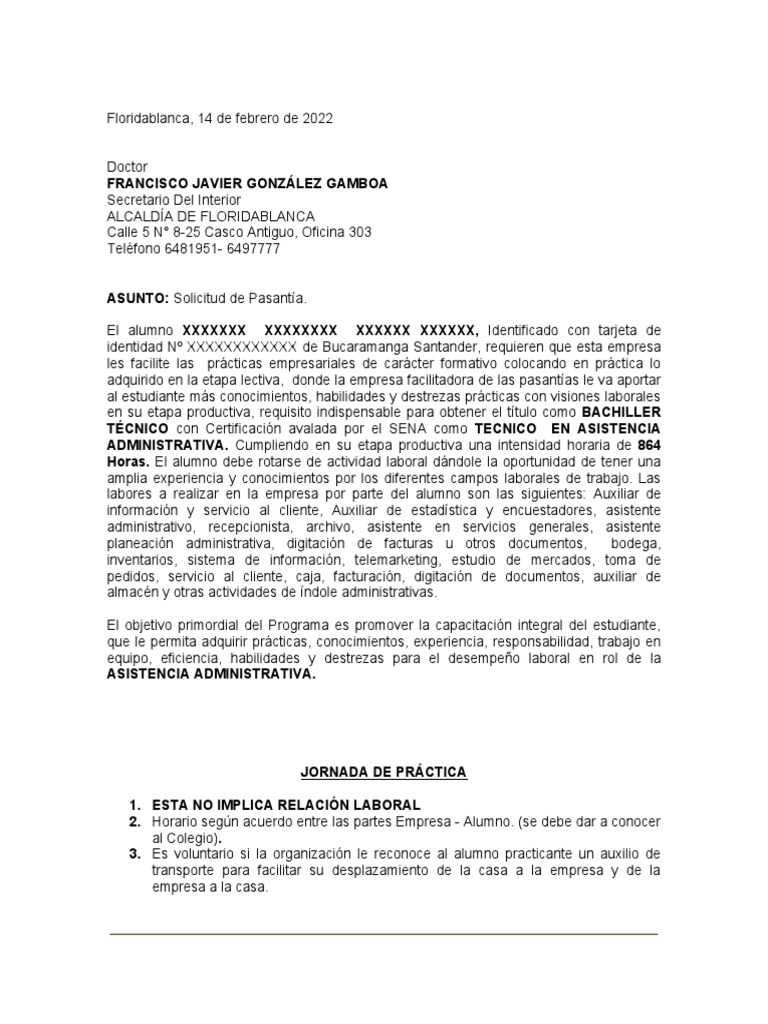 Carta de Pasantias de Sena | PDF | Servicio al Cliente