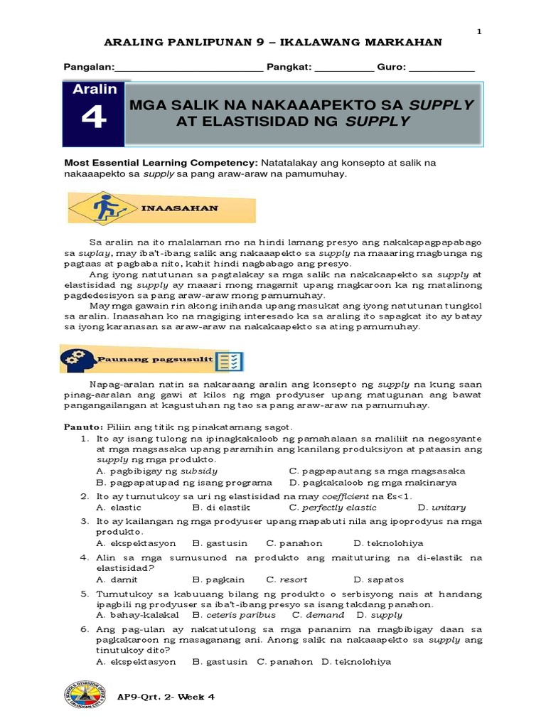 AP 9 Q2 Week 4 Revalidated With Answer Sheet | PDF