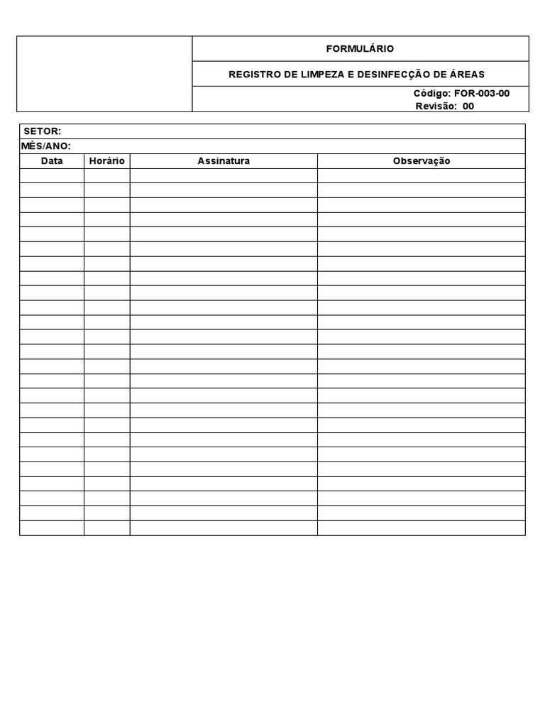 For 003 Registro de Limpeza de Areas | PDF