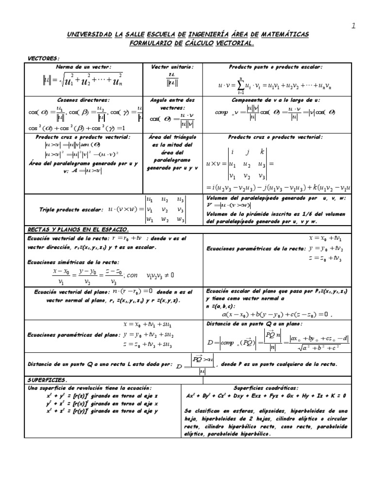 Formulario de Cálculo Vectorial. | PDF | Vector Euclidiano | Integral