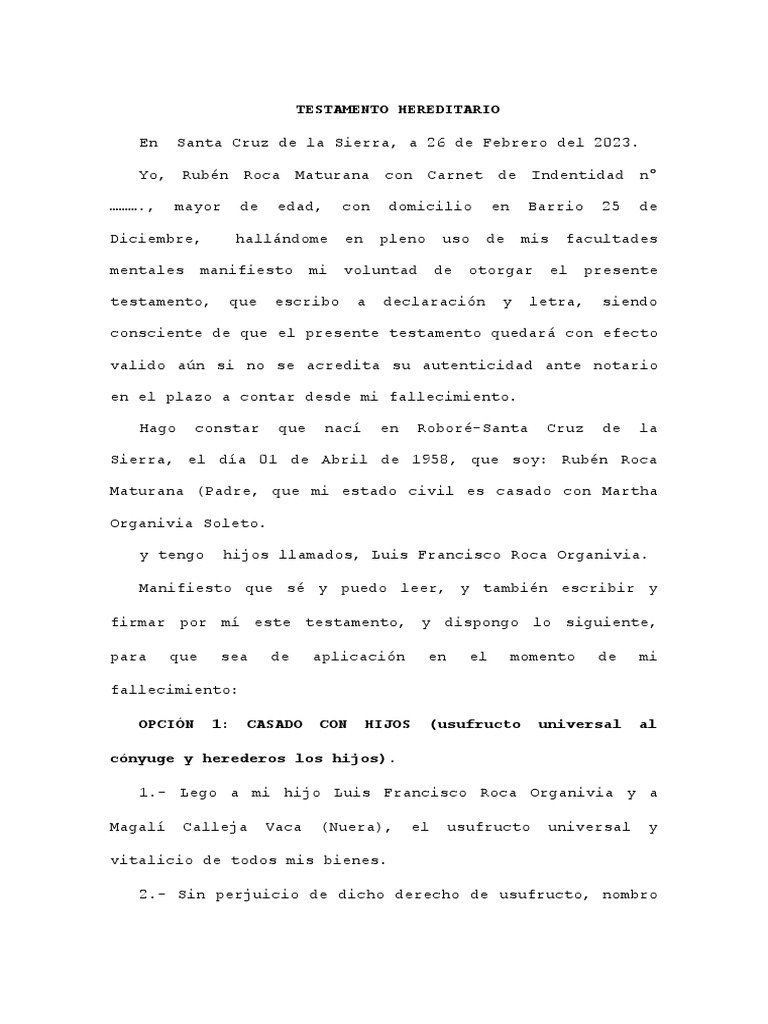 Modelo de Testamento Ológrafo 1 | PDF