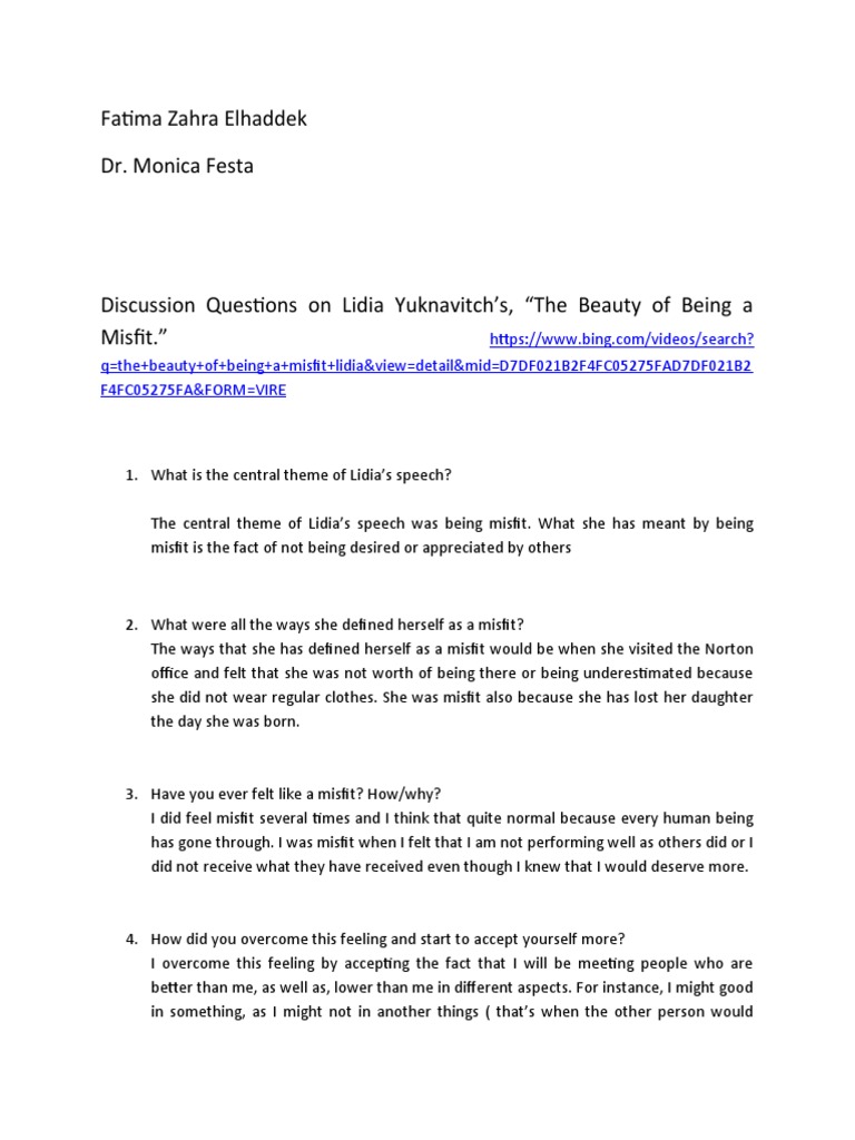 Discussion Questions On Lidia Yuknavitch Video | PDF | Psychology ...