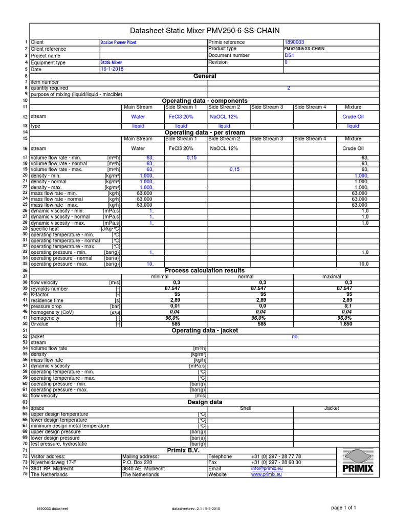 Static Mixer Datasheet for Water, Iron Chloride, and Sodium Hypochlorite Mixing | PDF | Fluid ...