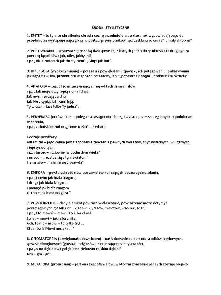 Środki Stylistyczne I Funkcje Językowe | PDF