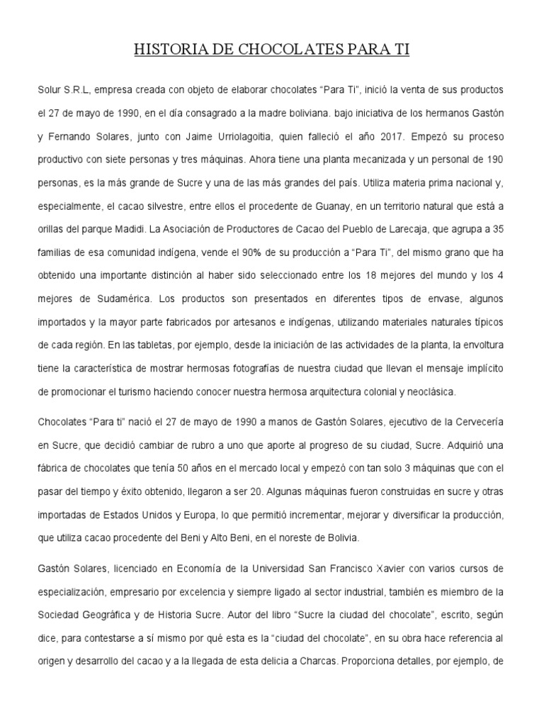 Historia de Chocolates para Ti | Descargar gratis PDF | Chocolate | Bolivia