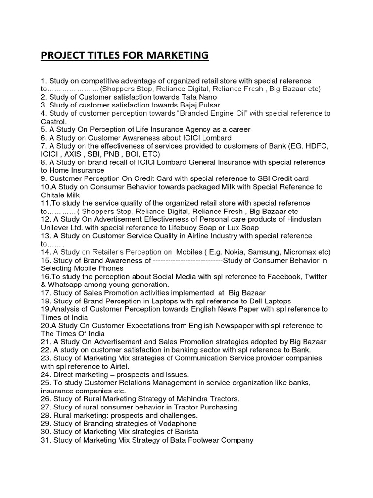 Topics of Project Report For BBA Sem - 6 | PDF | Marketing | Stocks