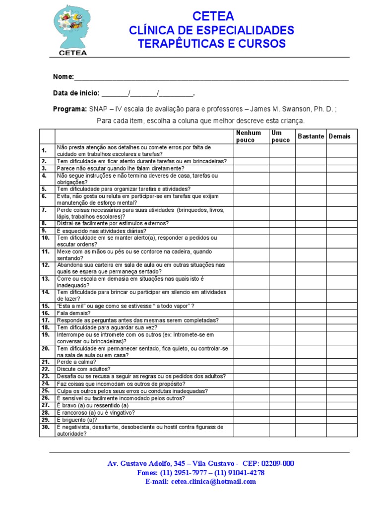 Snap - Iv Escala de Avaliacao para Pais e Professoras | PDF