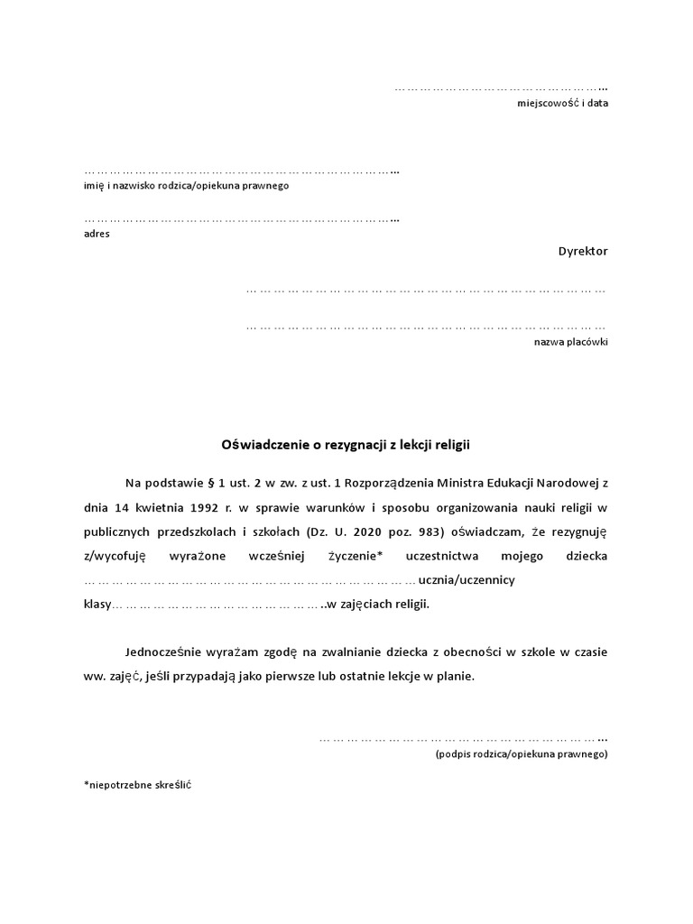 Httpspolicealna - Gowork.plblogwp Contentuploads202109Oswiadczenie o Rezygnacji Z Lekcji Religii ...