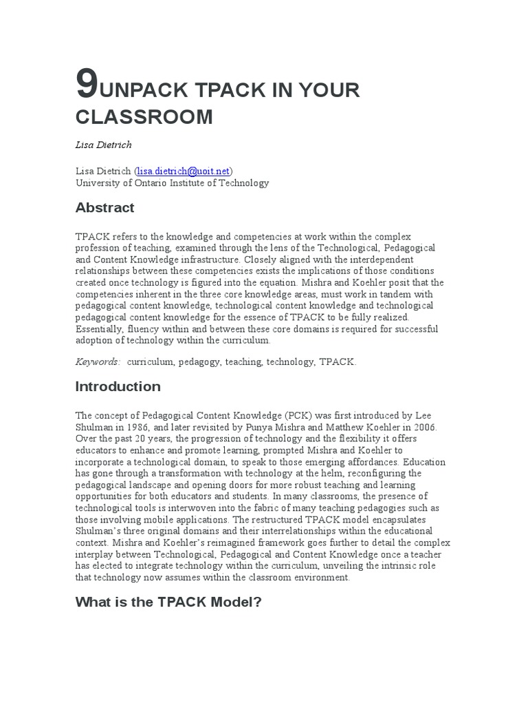 TPACK IN YOUR CLASSROOM Dietrich | PDF | Pedagogy | Teachers