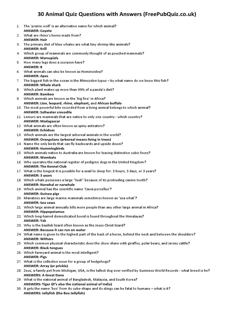 Printable Animal Quiz With Anwers | PDF | Mammals | Guinea Pig