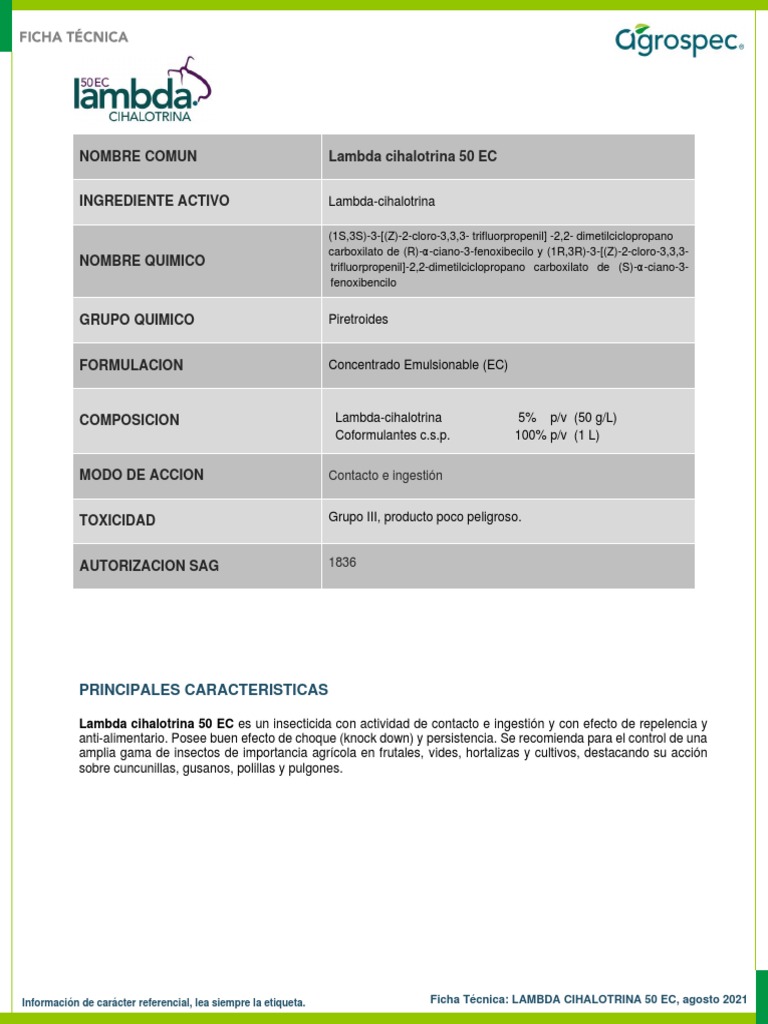 FT - Lambda Cihalotrina 50 Ec - 08.2021 | PDF | Cultivos | Cocina vegana
