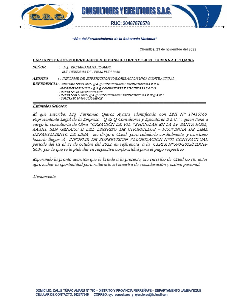 CARTA 51 - SGOP Informe de Valorización de Supervision Obra N°01 y ADICIONAL DE OBRA N°01 | PDF
