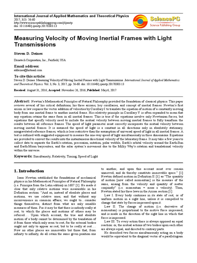 Measuring Velocity of Moving Inertial Frames | PDF | Force | Newton's Laws Of Motion