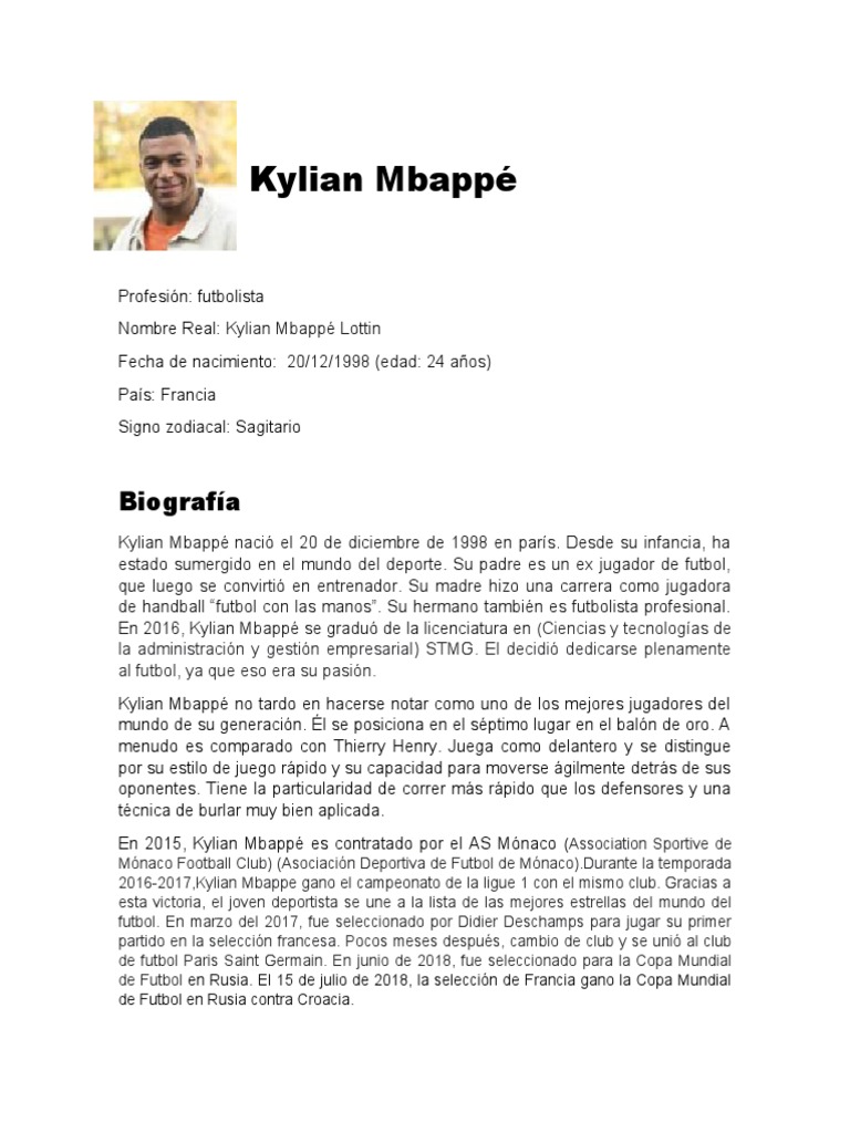Biografía de Kylian Mbappé Lottin | PDF | Deportes y actividades al ...