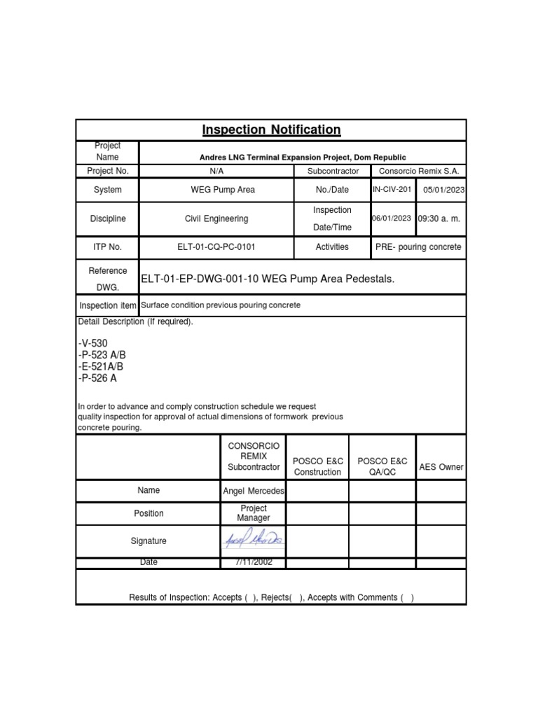 In-CIV-201 INSPECTION NOTIFICATION Pre-Pouring Concrete WEG Pump Area ...