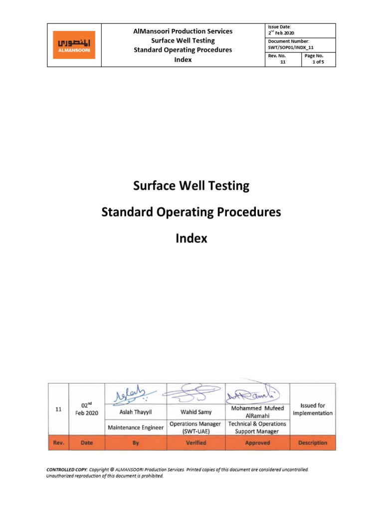 SOP - 01 - Surface Well Testing SOP Index - Rev11 | PDF | Pump | Liquids