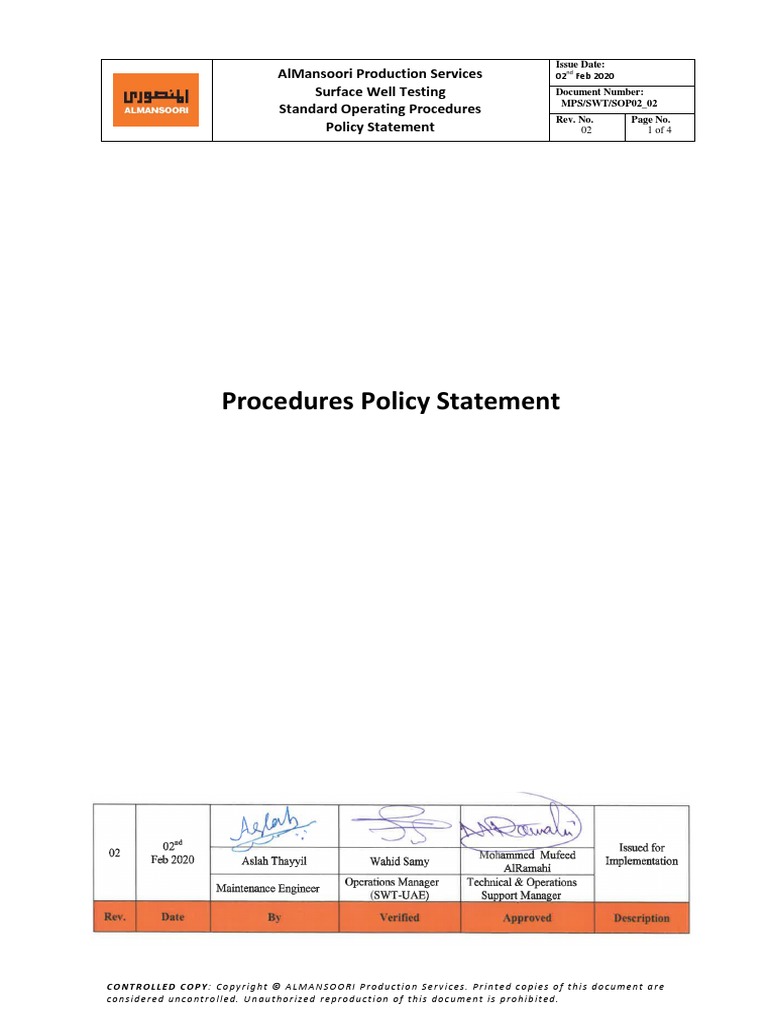 SOP - 02 - Procedures Policy Statement - Rev02 | PDF | Business