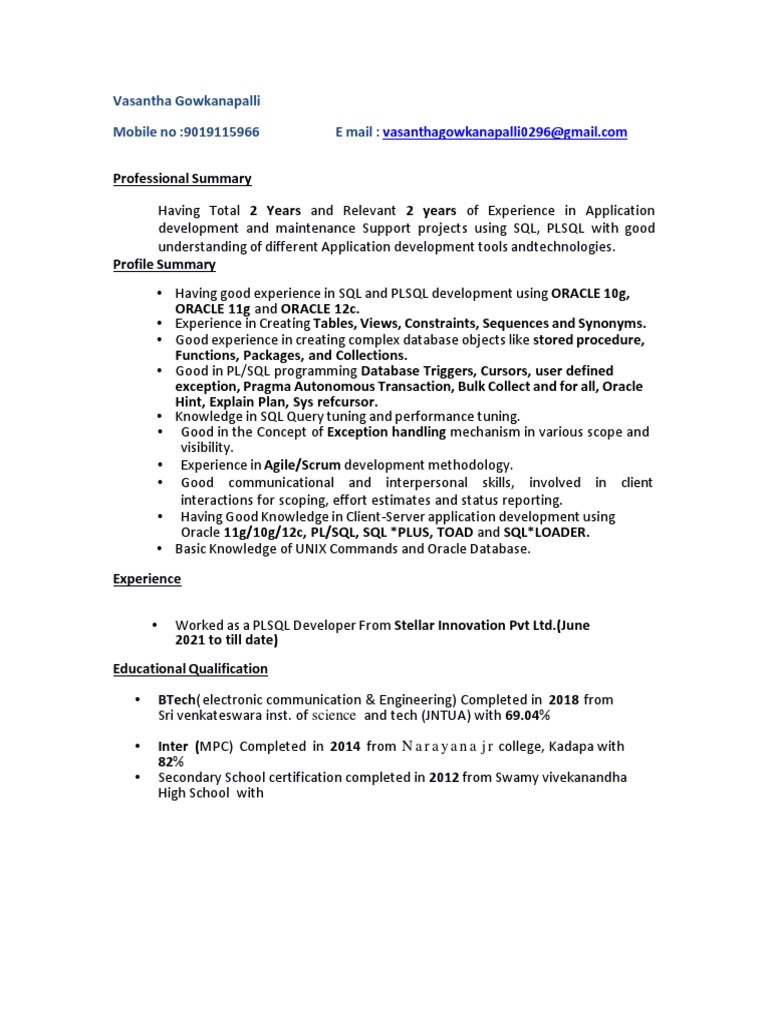 PLSQL Resume | PDF | Pl/Sql | Sql PLSQL Resume | PDF | Pl/Sql | Sql