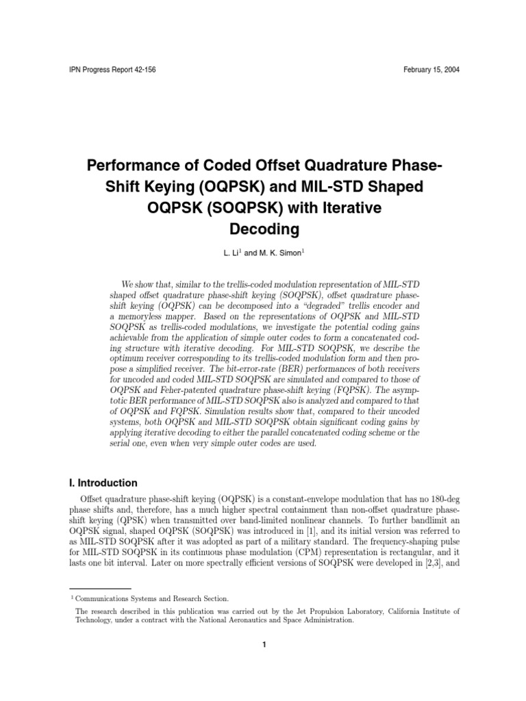 Performance of Coded Offset Quadrature Phase-Shift Keying (OQPSK) and ...