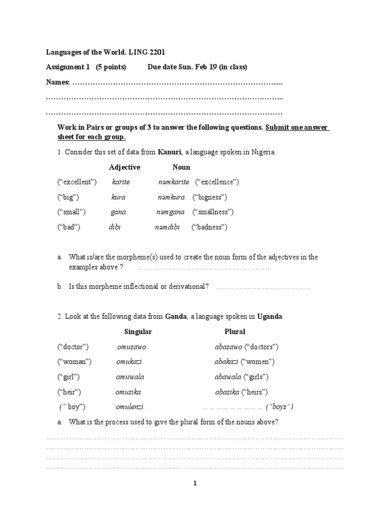 Languages of The World. LING.2201. Assignment 1. Spring 2023 | PDF | Plural | Grammatical Number