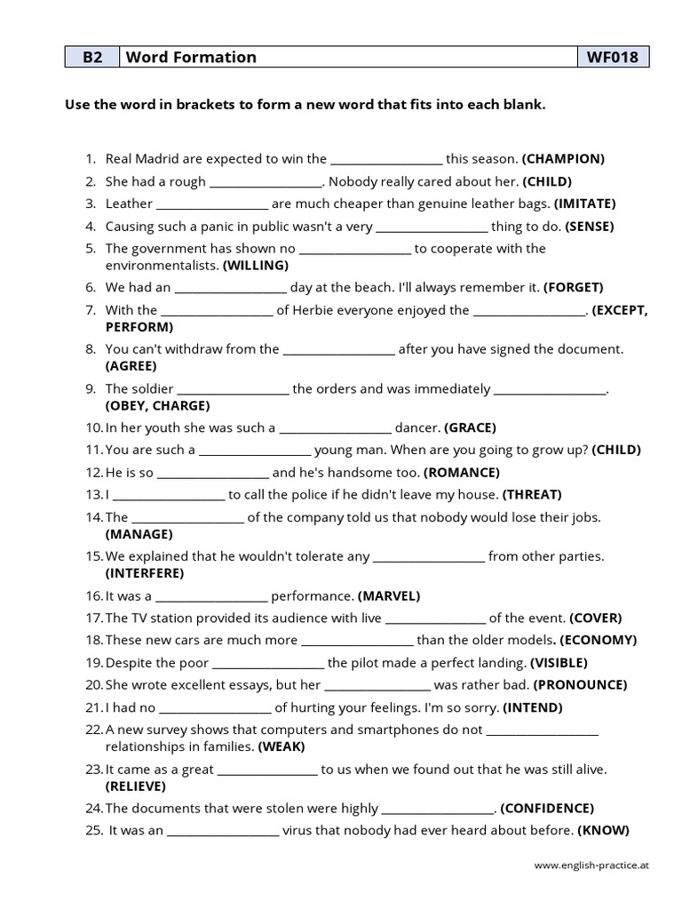 B2 Word Formation Exercises for English | PDF