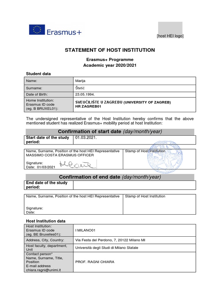 Erasmus+ Host Institution Confirmation | PDF