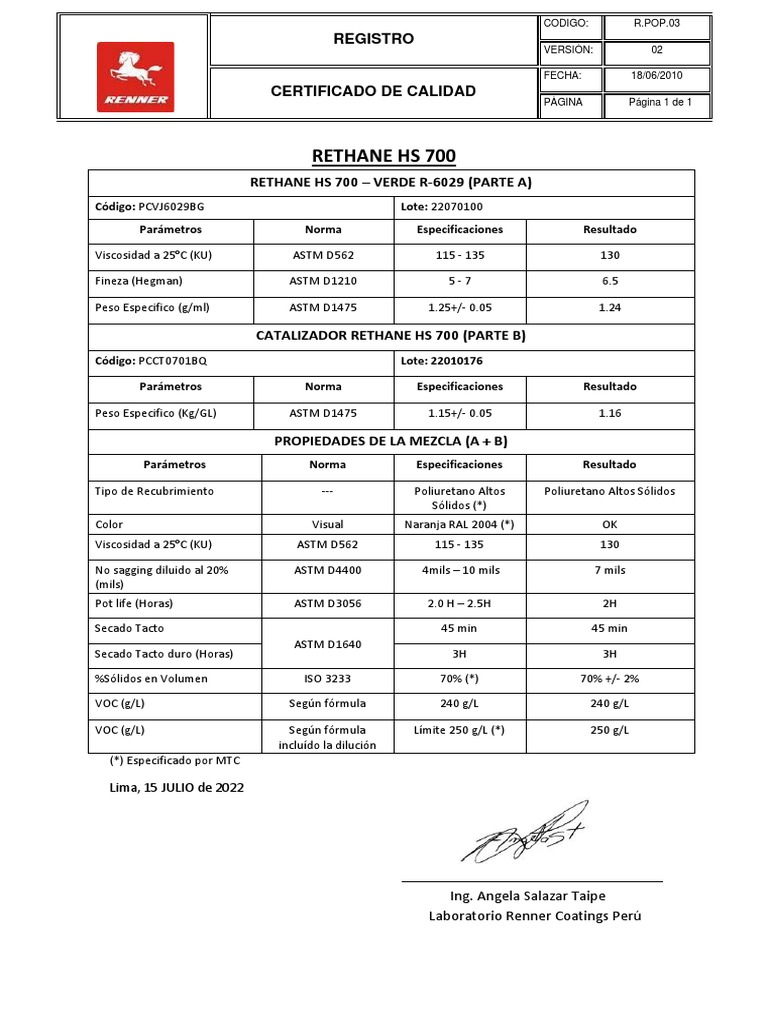 Rethane Hs 700 Certificado de Calidad Verde R-6029 LT 22070100 | PDF