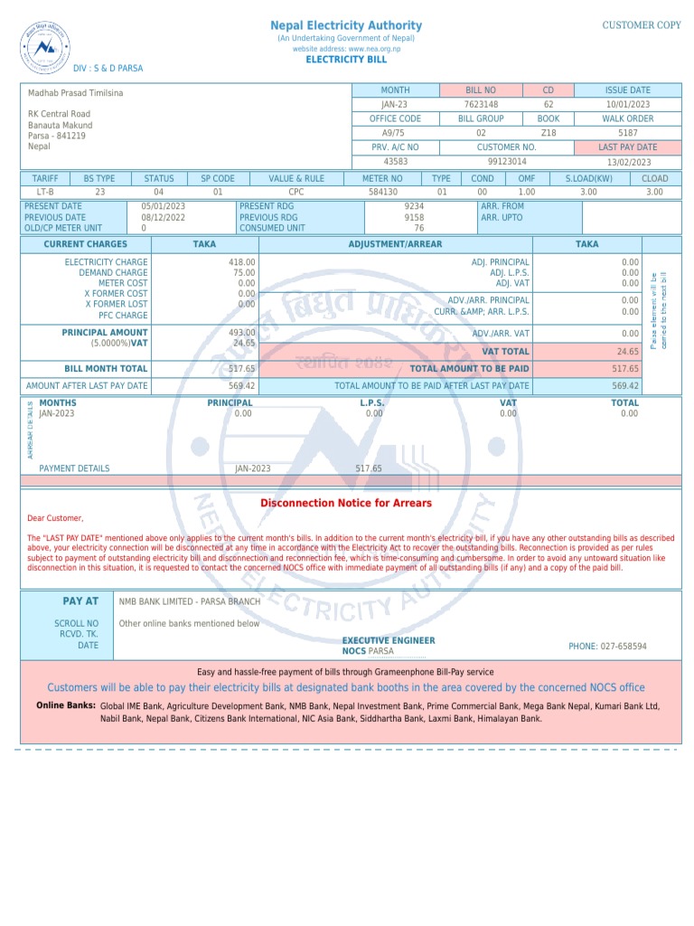 Nepal Electricity Authority: Div: S & D Parsa | PDF | Personal Finance | Money