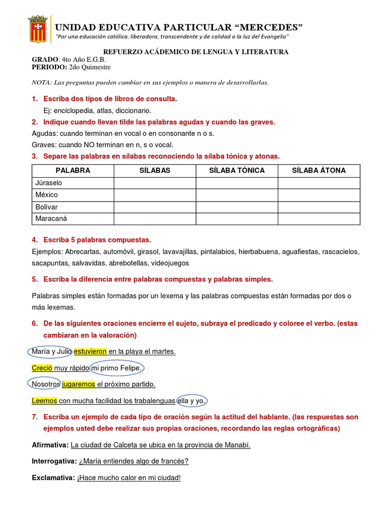 4to Grado 2022.2023 - Refuerzo 2Q Lengua y Literatura | PDF ...