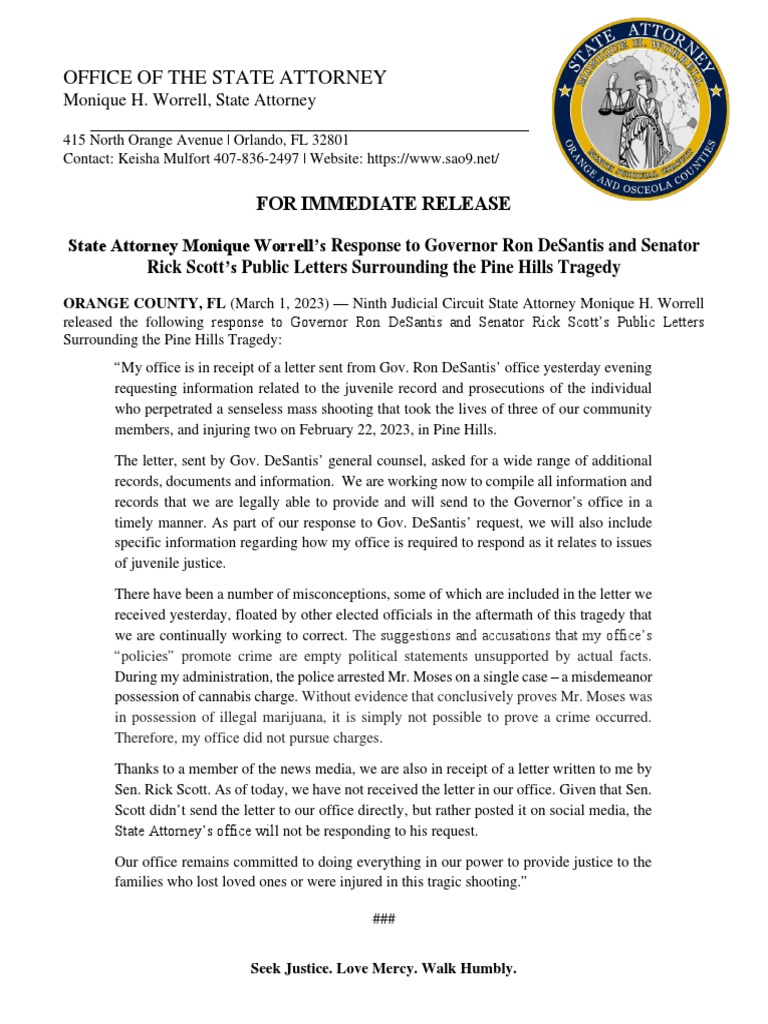 3.1.23 - State Attorney Monique Worrell's Response To Gov. Ron Desantis ...