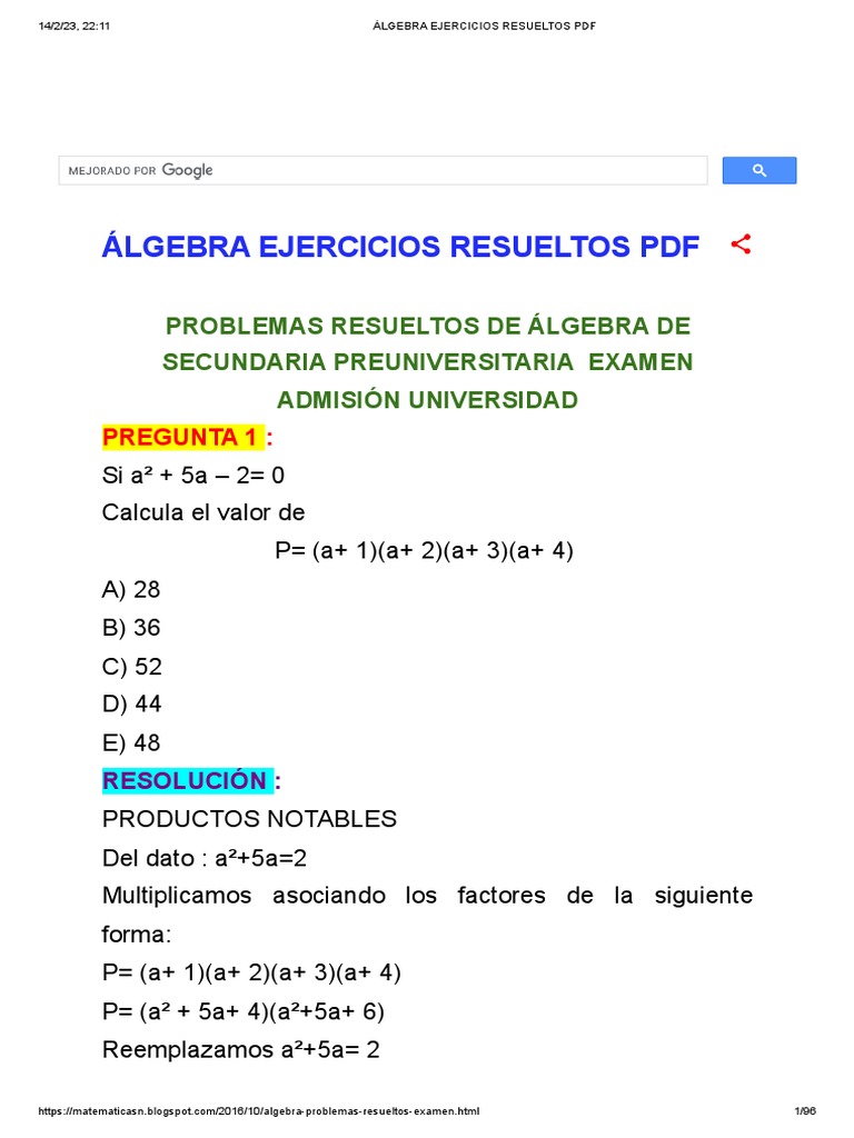 álgebra Ejercicios Resueltos Pdf Pdf álgebra Ecuaciones