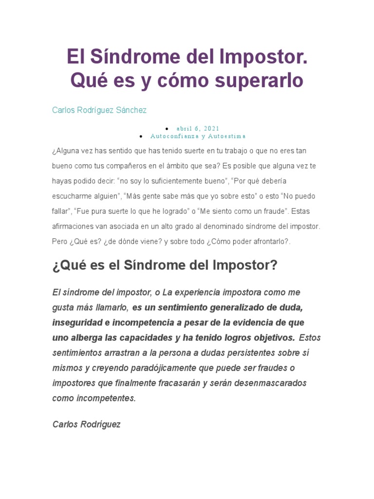 El Síndrome Del Impostor | PDF | Autoestima | Pensamiento