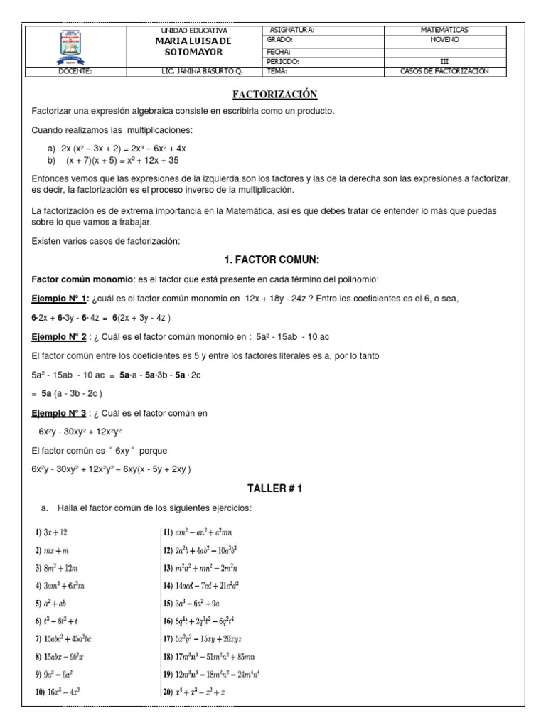 Casos de Factorizacion Talleres | PDF | Factorización | Multiplicación