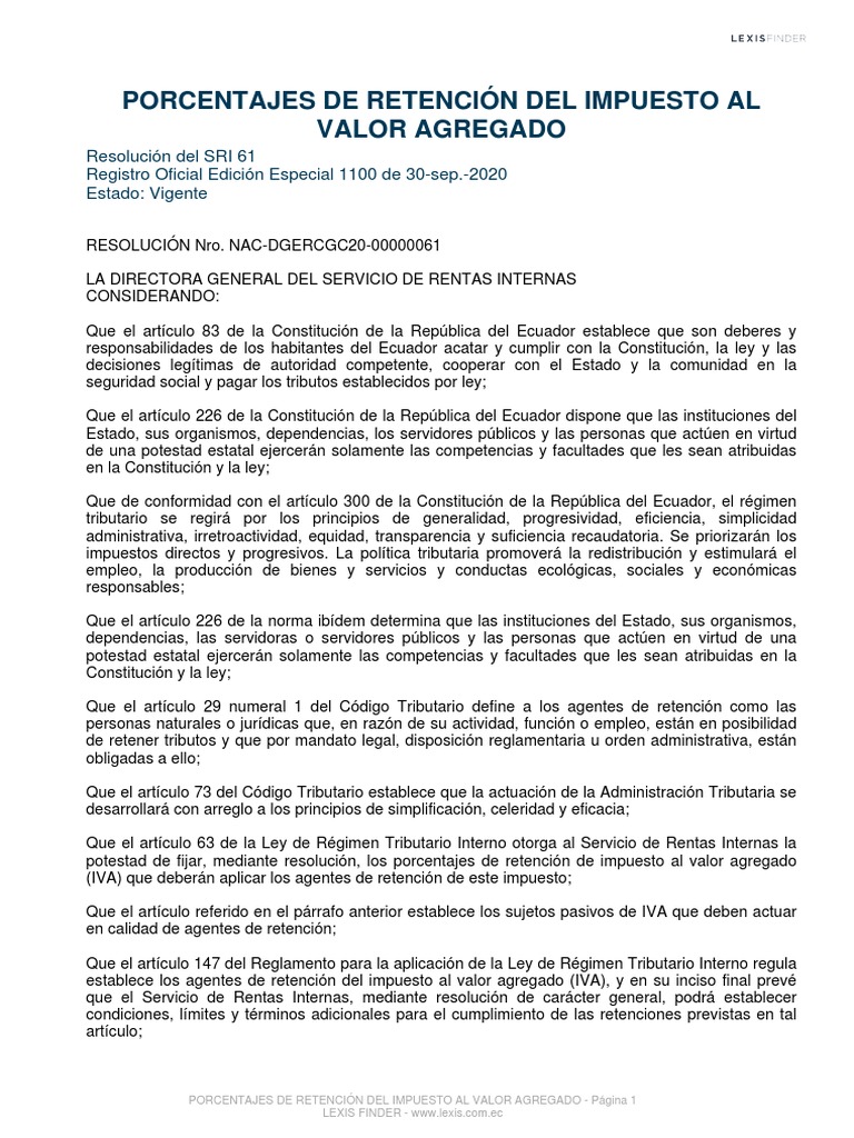 Porcentajes de Retención del IVA en Ecuador | PDF | Impuesto al valor ...