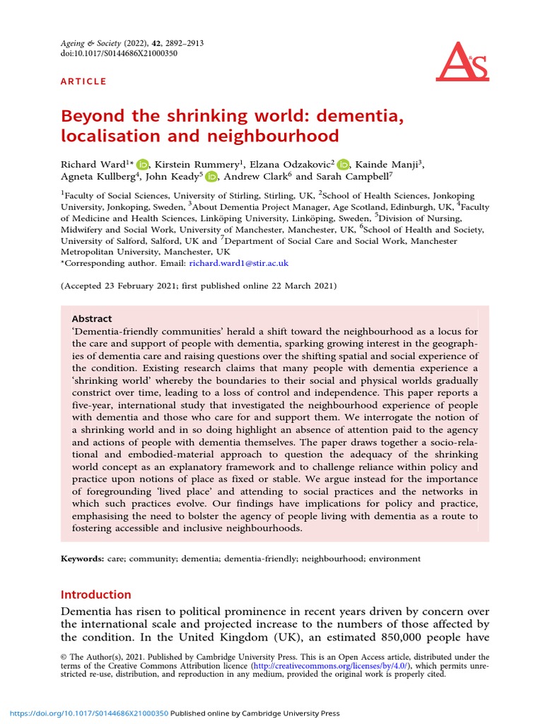Beyond The Shrinking World Dementia Localisation and Neighbourhood ...