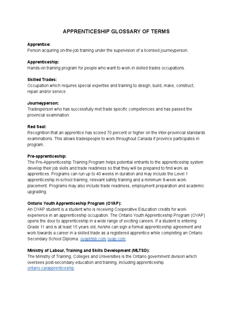 APPRENTICESHIP GLOSSARY OF TERMS | PDF | Apprenticeship | Journeyman