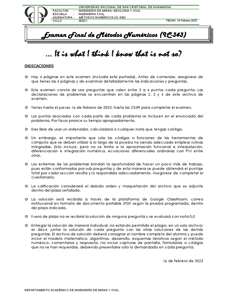Examen Final IC-343 - Metodos Numericos 2022-I Rev | PDF | Análisis numérico | Integral