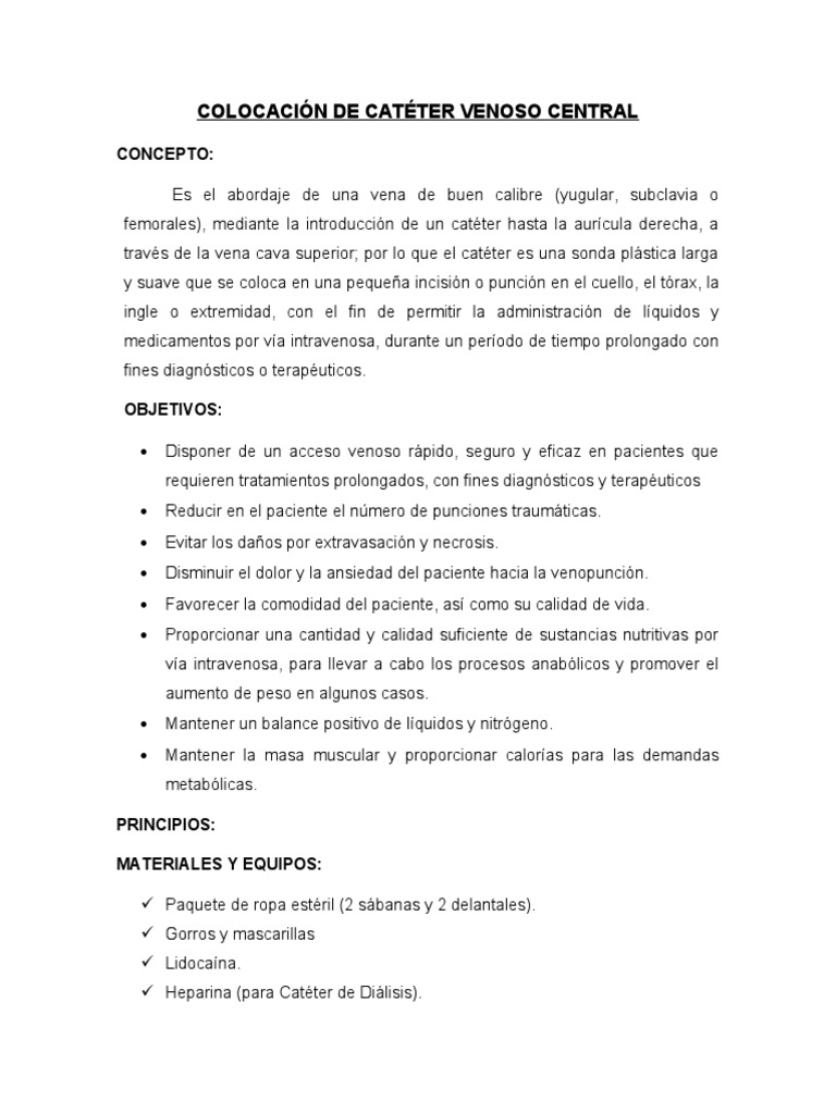 Colocación de Catéter Venoso Central | PDF | Terapia intravenosa | Medicina