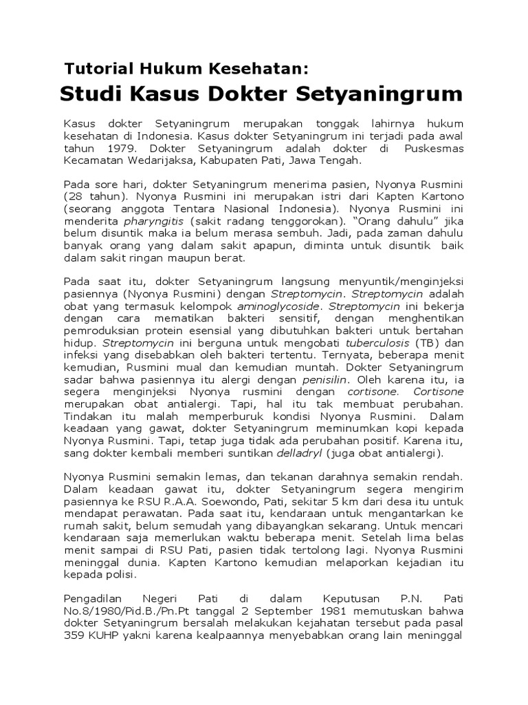 Tugas Tutorial Hukum Kesehatan, Studi Kasus Dokter Setyaningrum | PDF