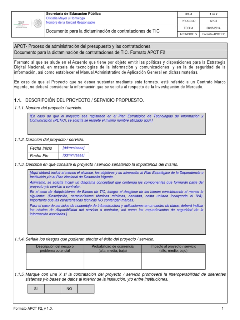 Formato APCT F2 | PDF | Presupuesto | Tecnología de información y ...