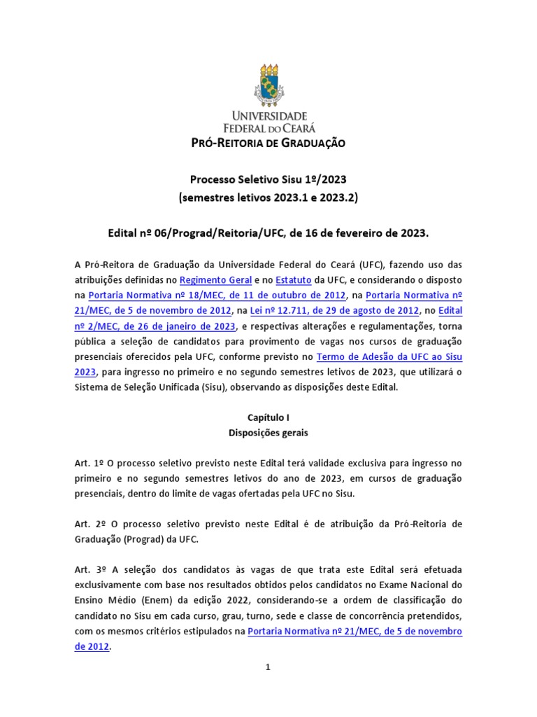 Edital Sisu 2023: Vagas UFC e Cotas | PDF | Finanças e Administração de ...