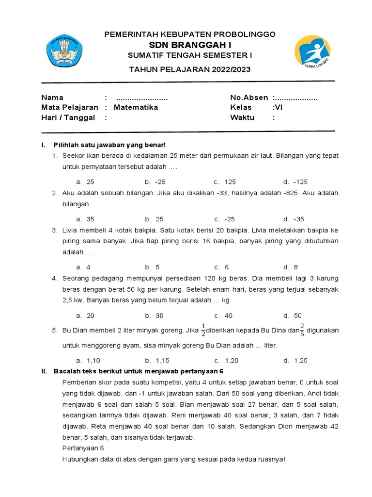 Soal STS - 1 Matematika Kelas Vi | PDF
