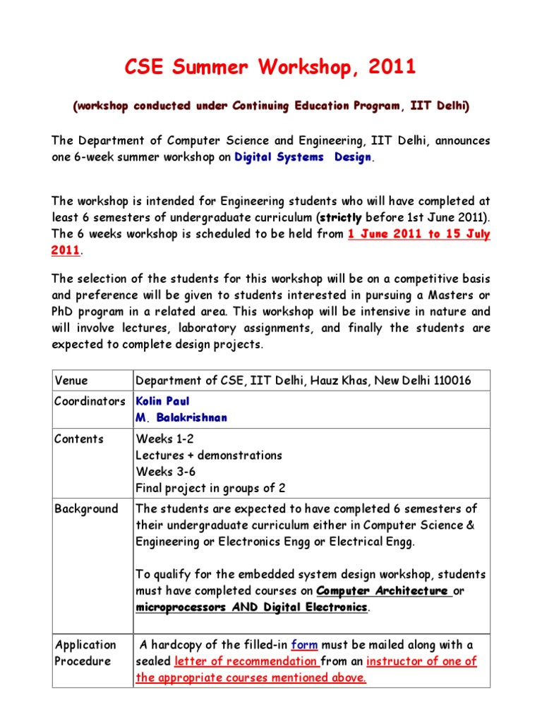 CSE Summer Workshop, 2011: (Workshop Conducted Under Continuing ...