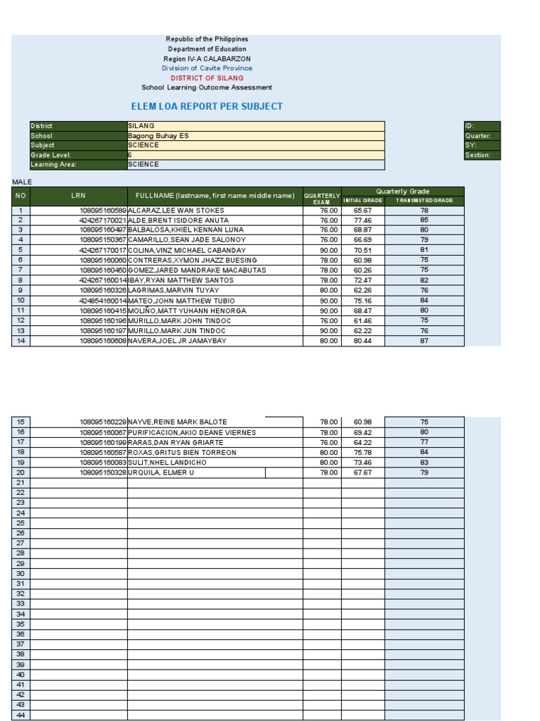 Elem Loa Report Per Subject: Division of Cavite Province | PDF | Risk