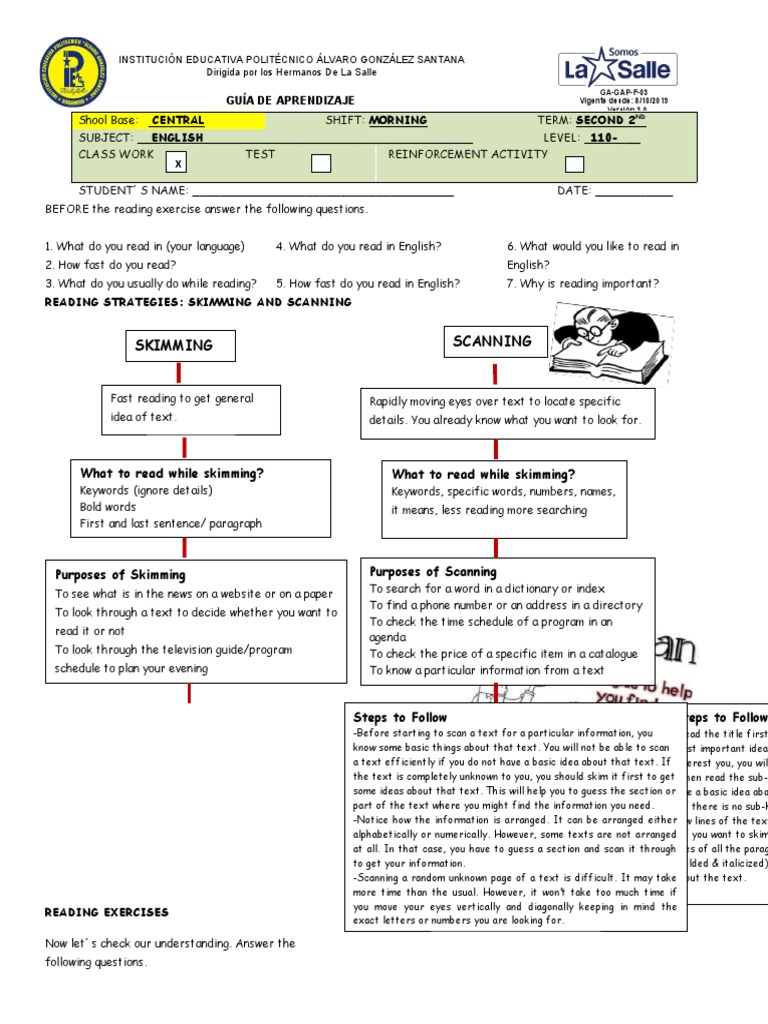 READING EXERCISE Skimming and Scanning (1) GUIA DESARROLLADA | PDF ...