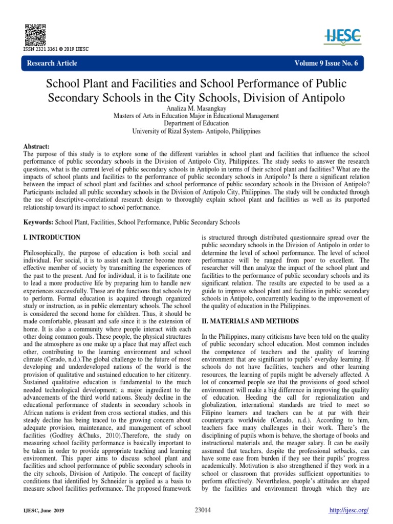 .School Plant and Facilities and School Performance of Public Secondary Schools in The City ...