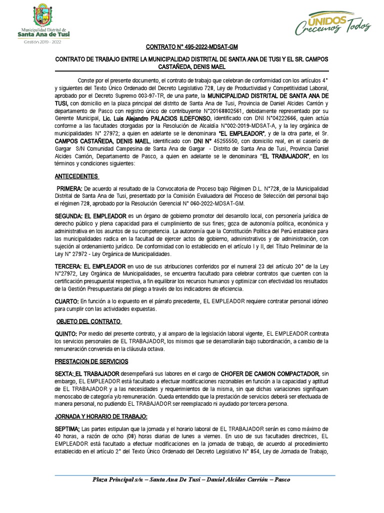 Contrato N°728 | Descargar gratis PDF | Derecho laboral | Salario