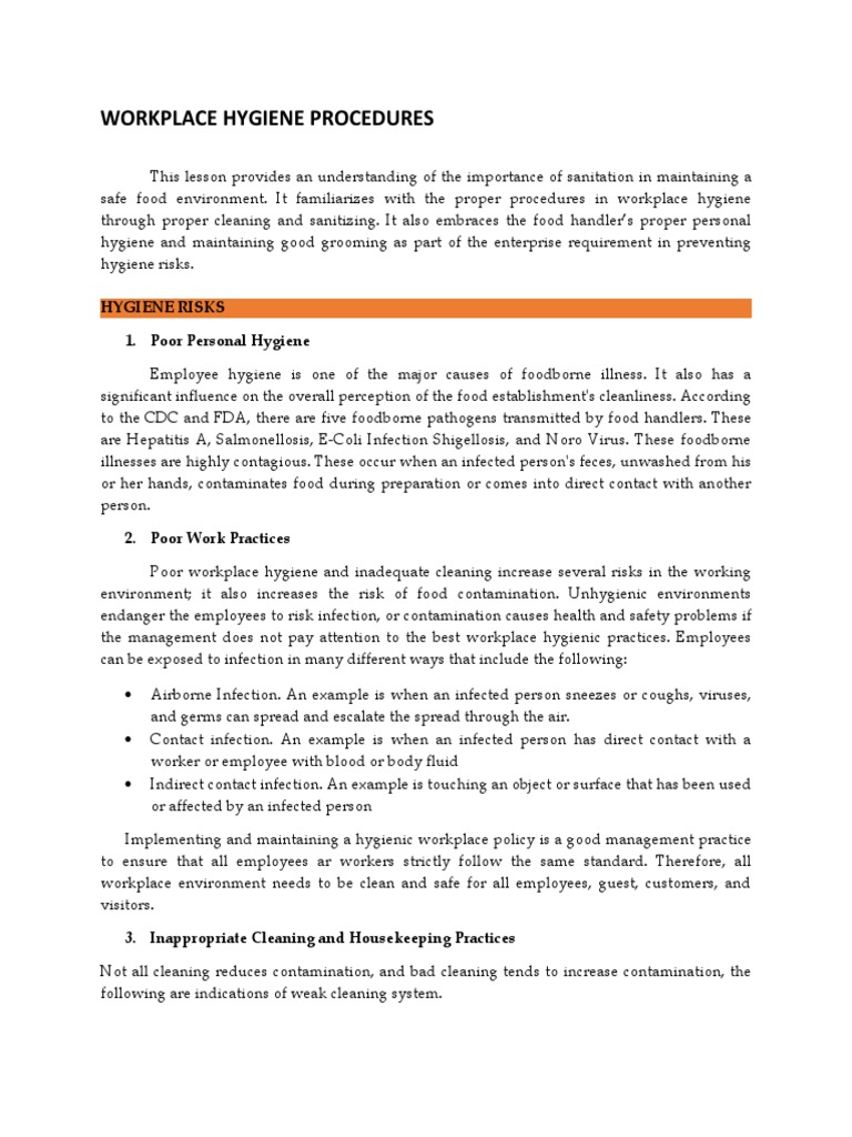 Hand Out 3 WORKPLACE HYGIENE PROCEDURES | PDF | Occupational Safety And ...