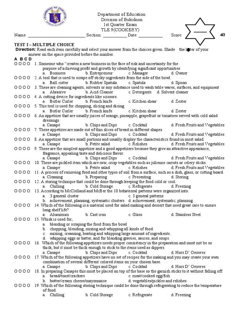 TLE EXAM 1st Q FINAL 2022 | PDF | Hors D'oeuvre | Cooking
