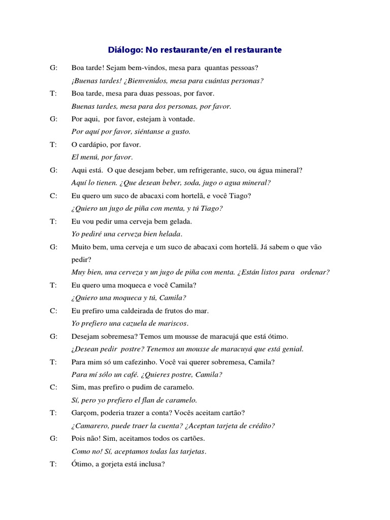 Diálogo No Restaurante e Exercicios | PDF | Nutrição | Dieta e Nutrição